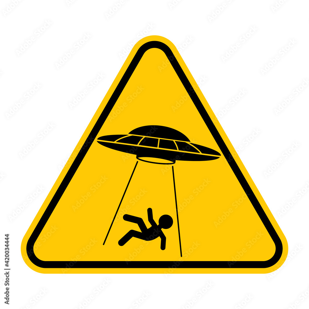 UFO abducts human from earth. Vector illustration of yellow triangle ...