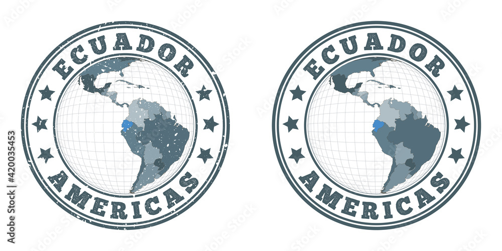 Ecuador round logos. Circular badges of country with map of Ecuador in ...