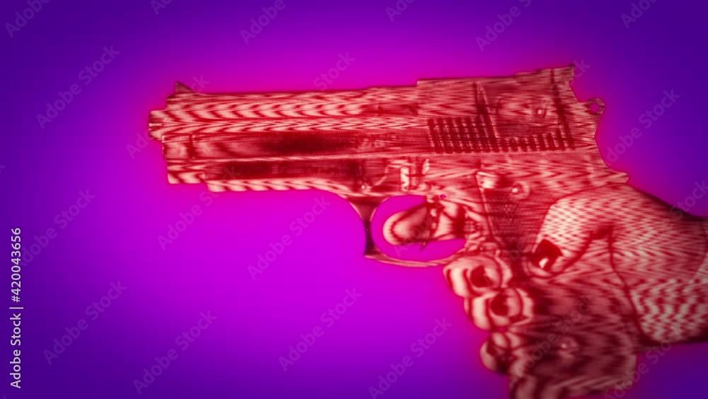 A hand holding a gun appearing from one side of the screen, red groovy ...