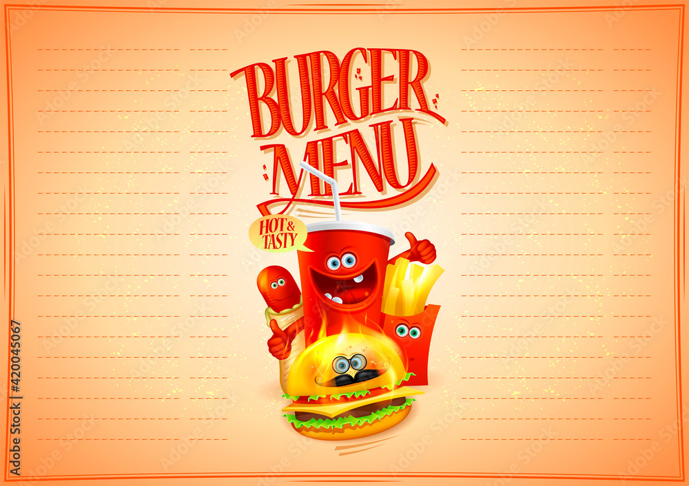 Burger menu list design with hot dog, burger, french fries and soda ...