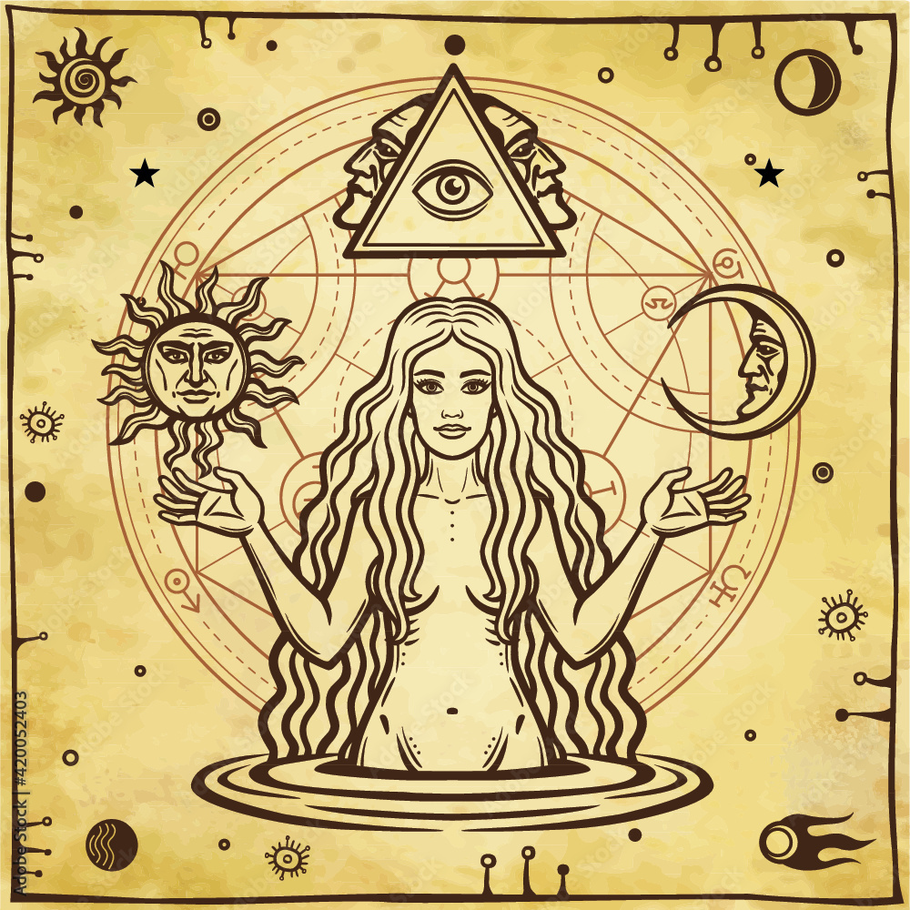 Alchemical drawing: young beautiful woman, Eve's image, fertility ...