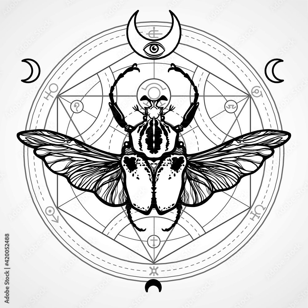 Winged bug. Mystical circle. Esoteric symbol, sacred geometry. Sign of ...