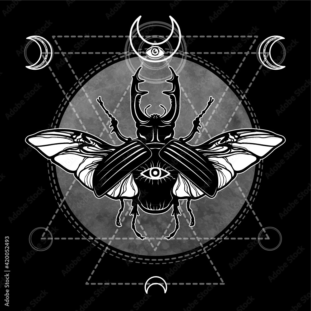 Horned bug. Esoteric symbol, sacred geometry, images of the moon ...