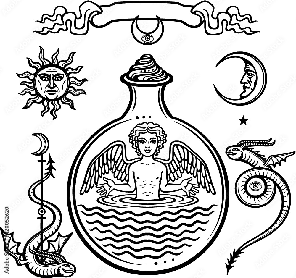 Vettoriale Stock Set of alchemical symbols. Child in a test tube, the ...