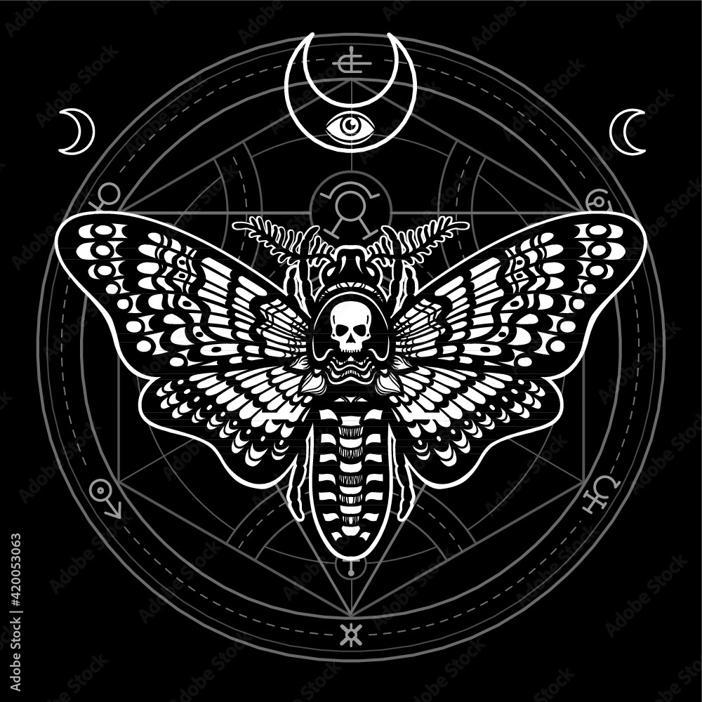 Moth Dead Head. Mystical circle. Esoteric symbol, sacred geometry. Sign ...