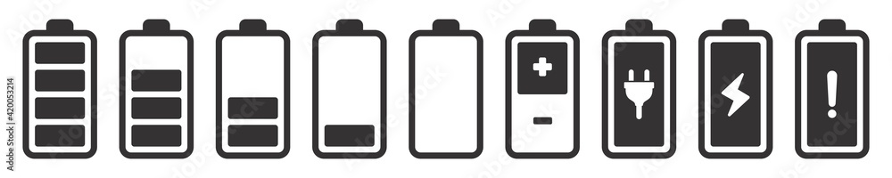 battery icon set, battery charge level indicator icon, Attention ...