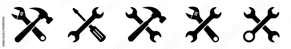 Tool icons set, wrench and screwdriver, Hammer, adjustment wrench ...
