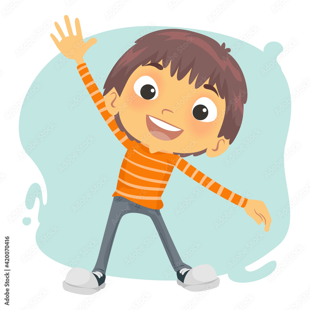 Poster Vector Illustration of a Kid Boy Waving His Hand in Standing ...