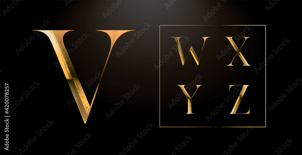Realistic gold alphabet. Hand crafted serif font with rust effects ...