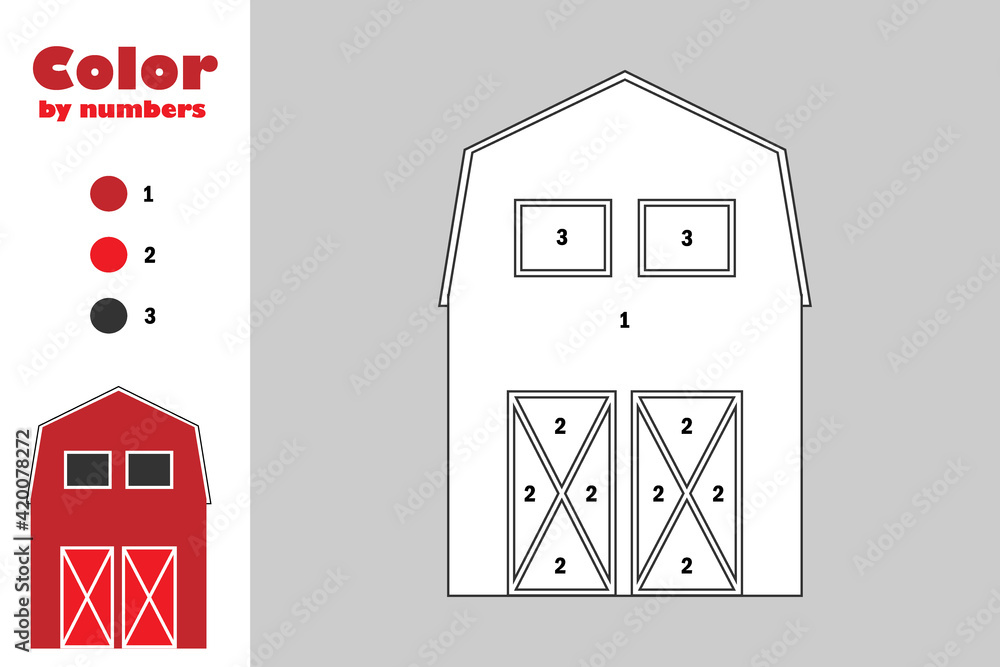 Farm barn in cartoon style, color by number, education paper game for ...