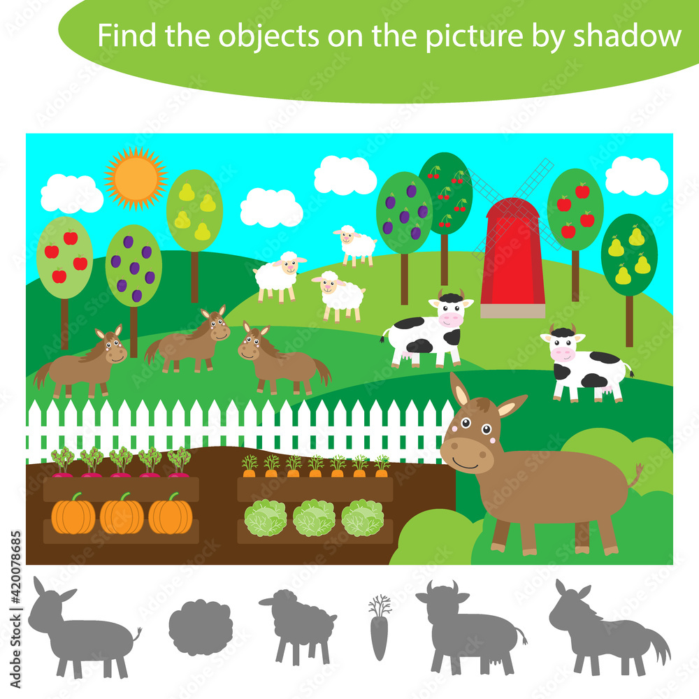 Find the objects by shadow, game for children farm animals and garden ...