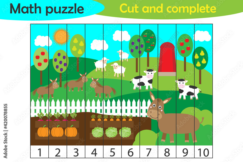 Math puzzle, farm animals and garden in cartoon style, education game ...
