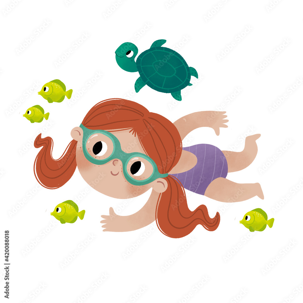 Cute cartoon Little girl swims underwater wearing a mask and swimming ...