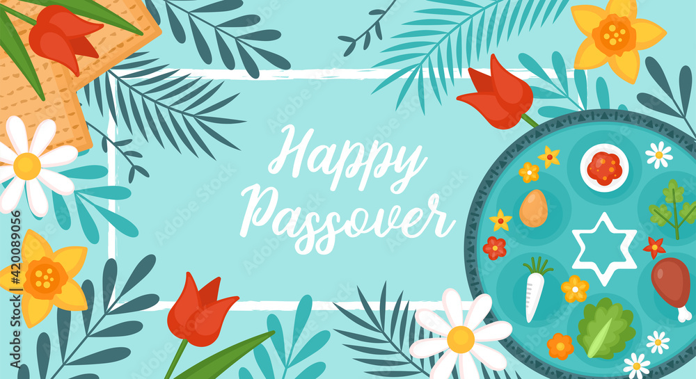 Passover Pesach holiday banner design with matzah, seder plate and ...