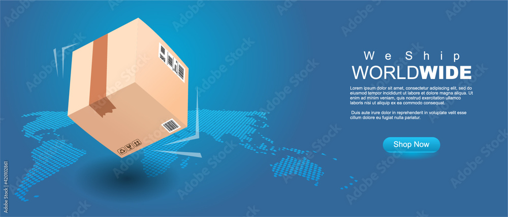 we ship world wide banner. 3d style shipping package in front of map ...