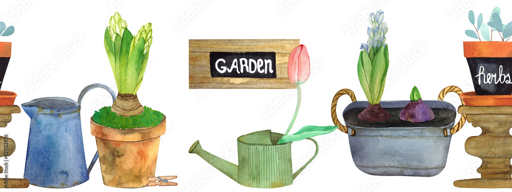 Hand-drawn watercolor seamless border "on a garden shelf" isolated on a ...