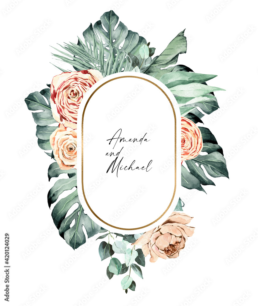 Boho tropical flowers clipart, Watercolor boho roses and palm leaves ...