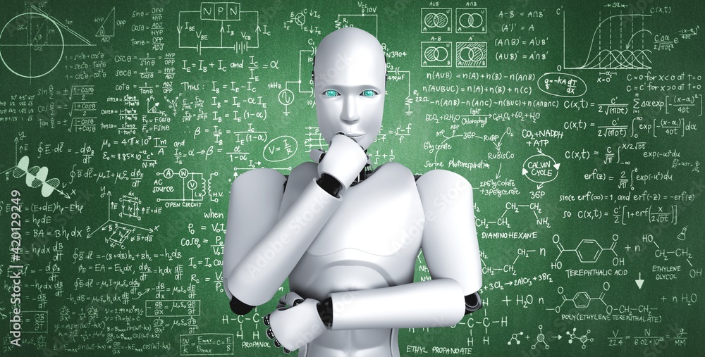 Thinking AI humanoid robot analyzing screen of mathematics formula and ...