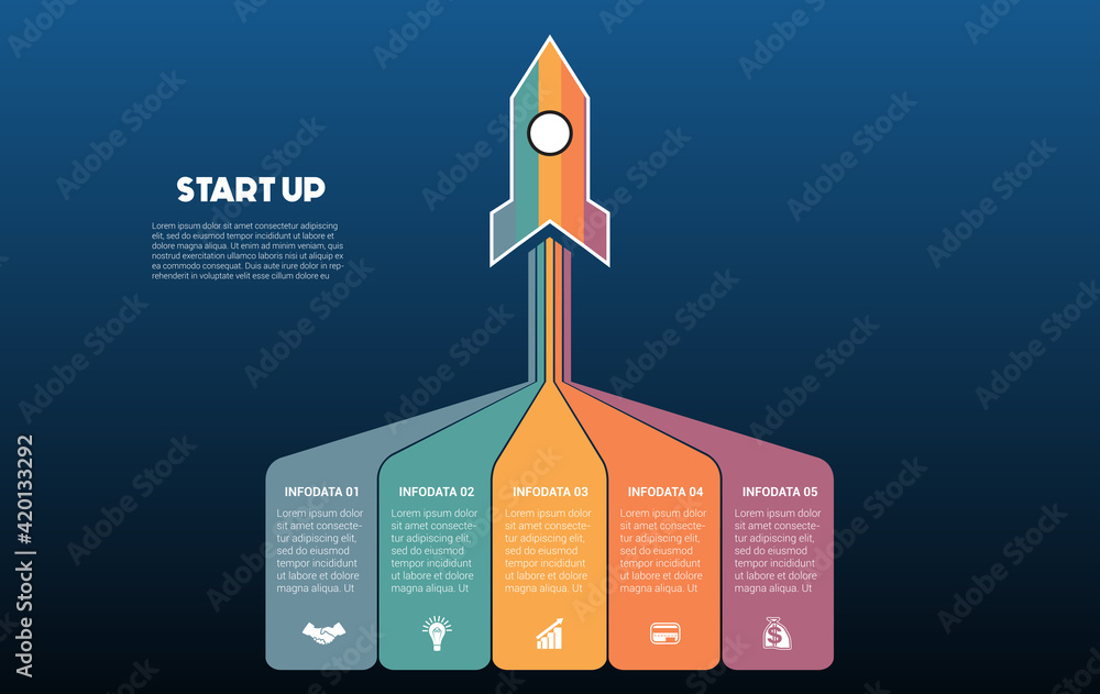 Startup infographic data template. 5 positions. Blue background ...