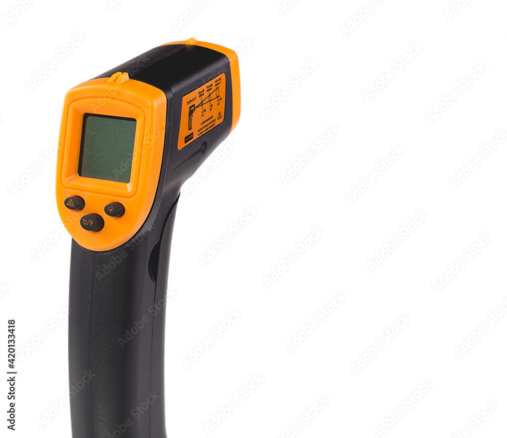 Yellow-black pyrometer isolated on white background. A device for non ...