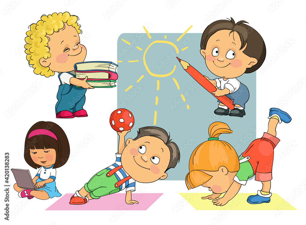 Bright vector cartoon. Children play, do gymnastics, study. Isolated ...