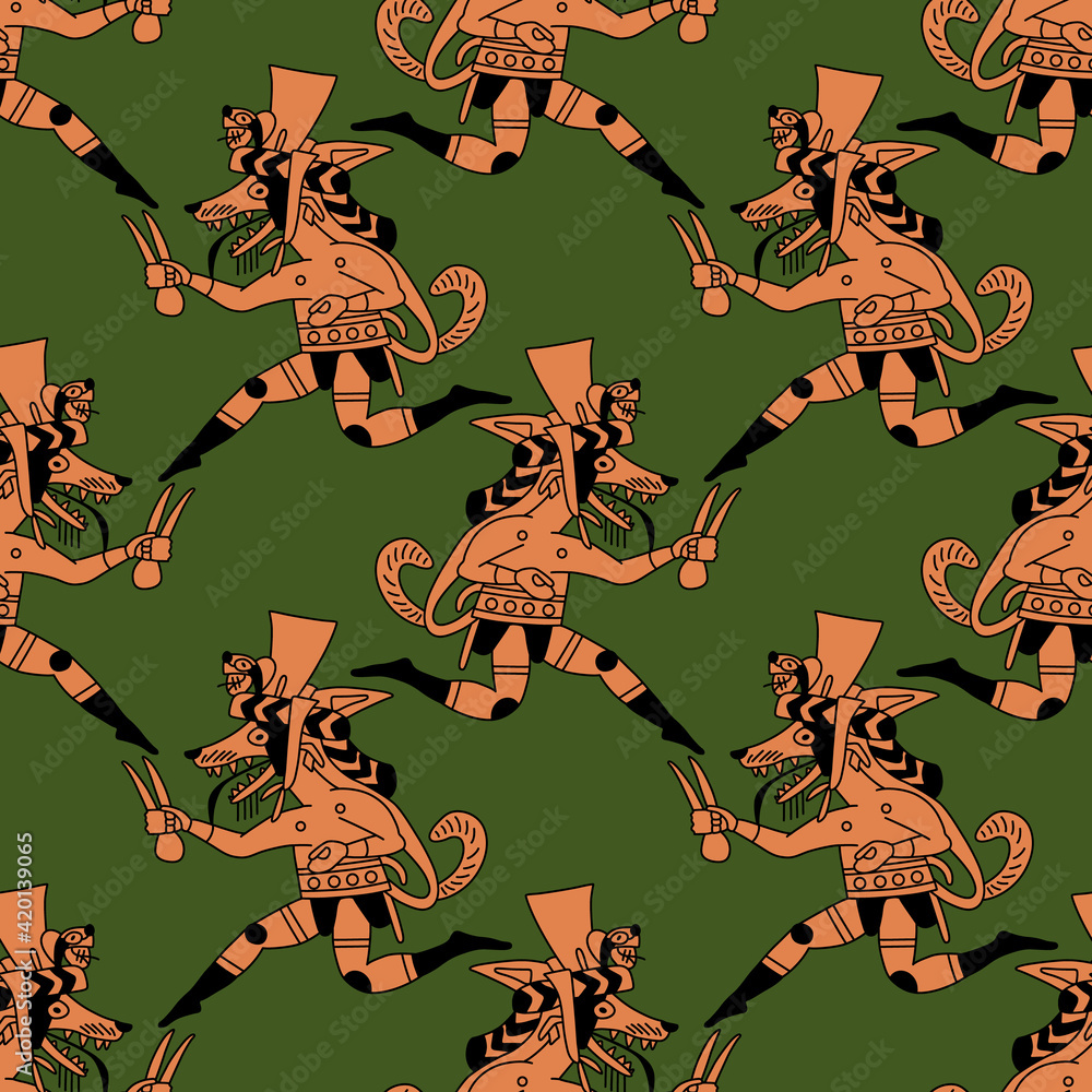Seamless geometrical pattern with funny anthropomorphic foxes or ...