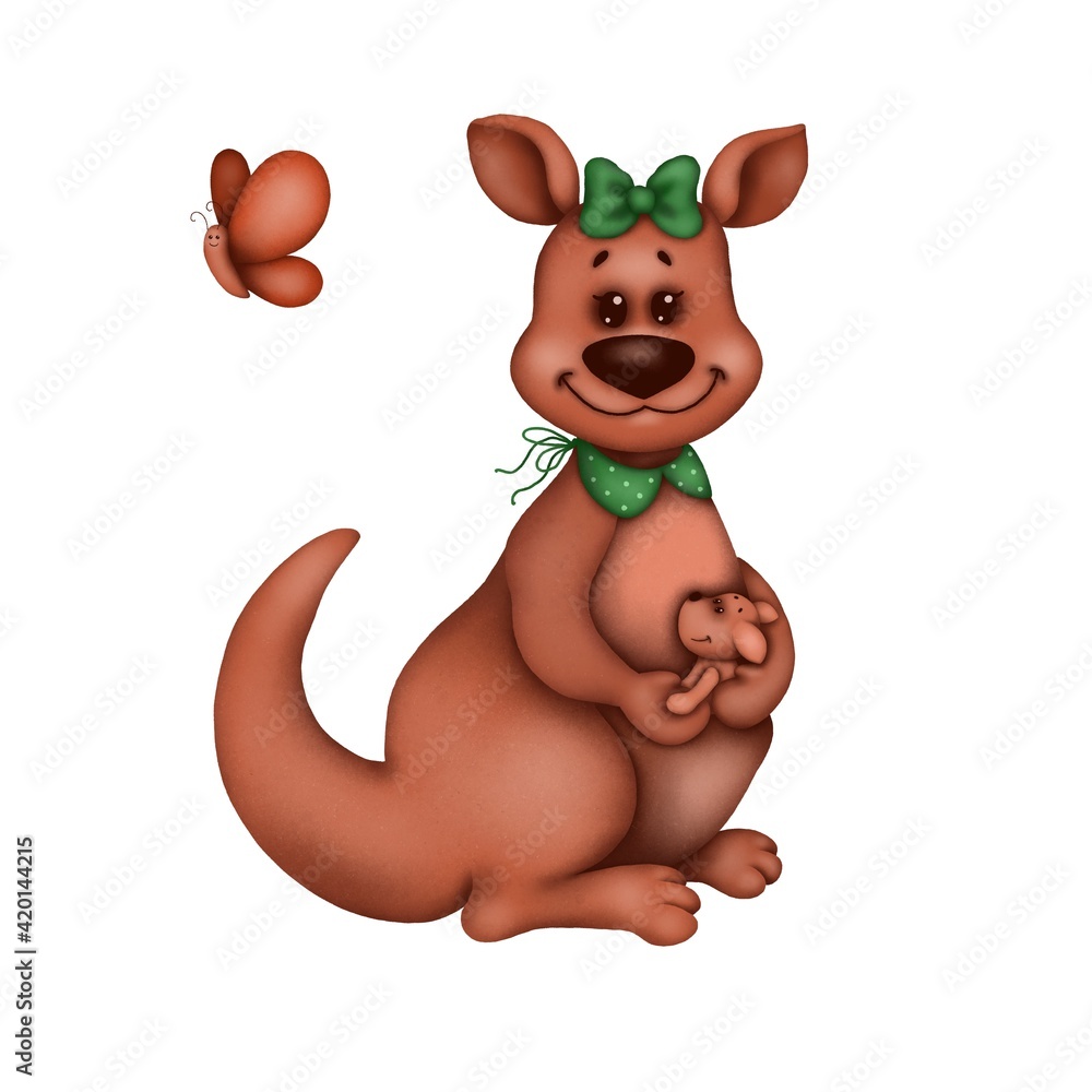 Cute cartoon kangaroo wit a little baby kangaroo. Hand drawn children‘s ...