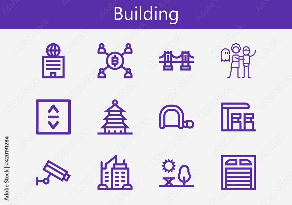 Premium set of building line icons. Simple building icon pack. Stroke vector illustration on a ...