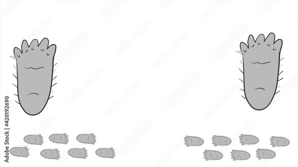 Big footprints of Sasquatch on white. Bigfoot footprints are comical ...