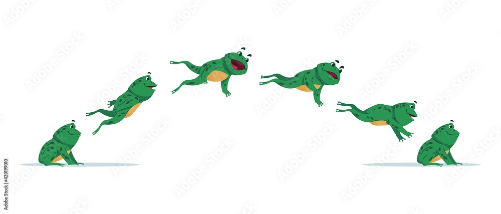 Jumping frog. Cartoon animation sequence with amphibian movement. Side ...