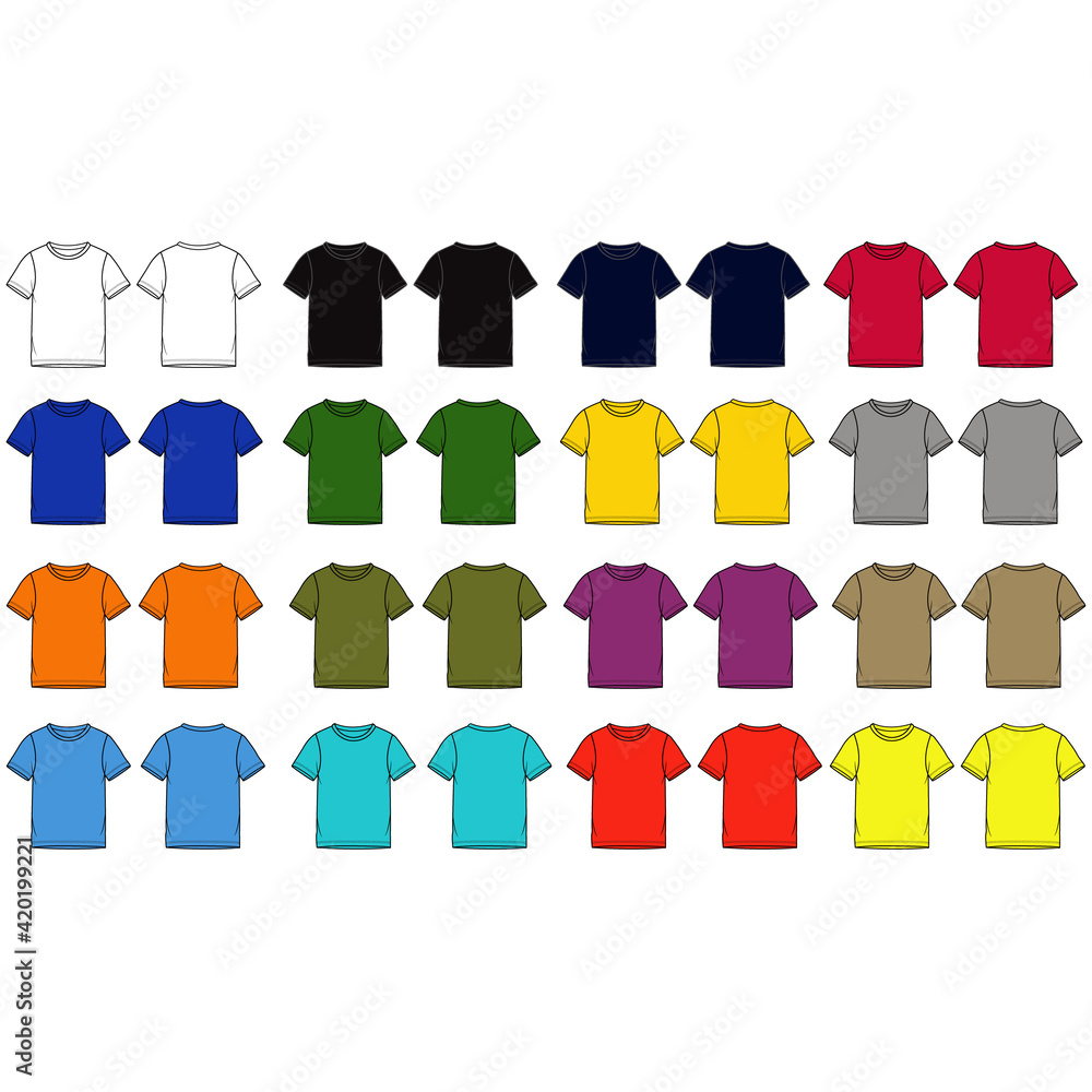 Multi color Basic Tee shirt fashion flat technical drawing template ...