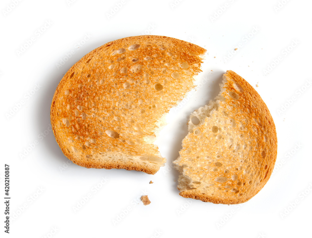 broken toasted bread slice isolated on white background, top view Stock ...