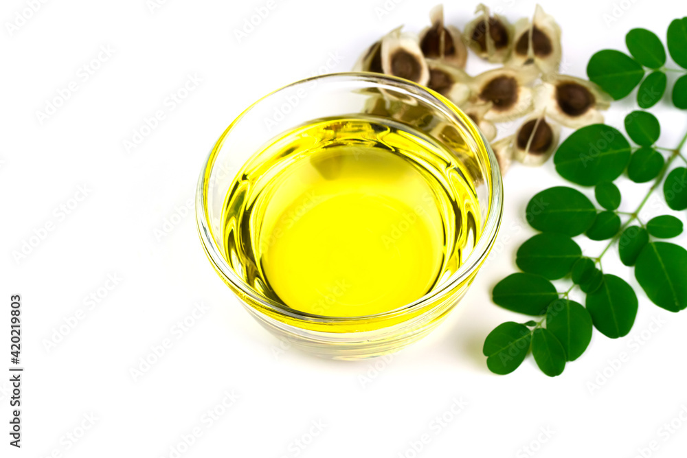 Moringa oleifera oil in transparent bowl with moringa seeds and leaf ...