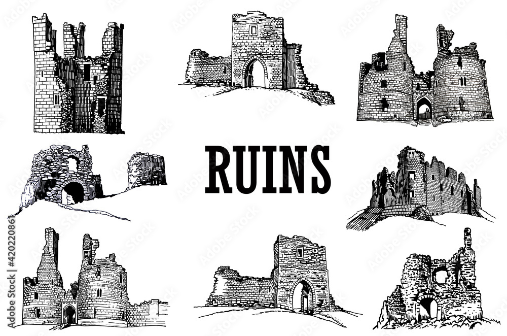 Graphical set of ruins on white background, vector architecture Stock ...