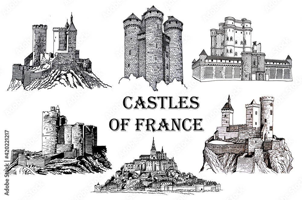 Graphical castles of france on white background, vector architecture ...
