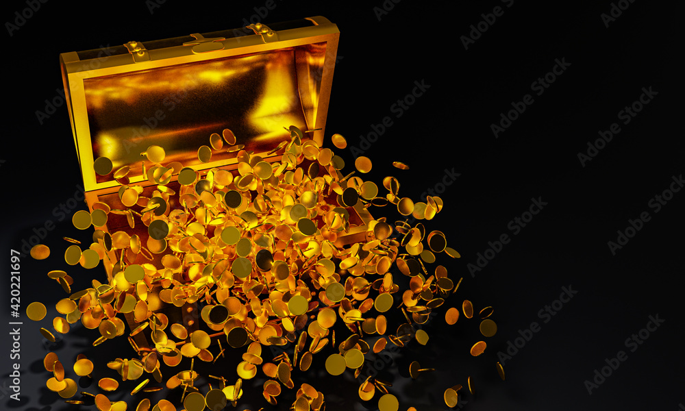 Many distribute gold coins flew from the treasure chest. A treasure ...