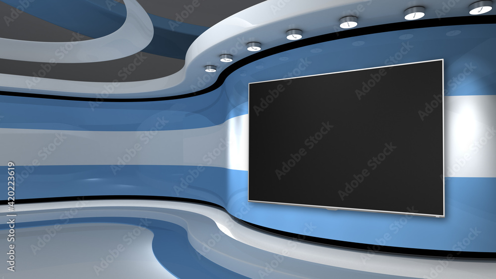 TV studio. Light blue background. Argentine flag. News studio ...