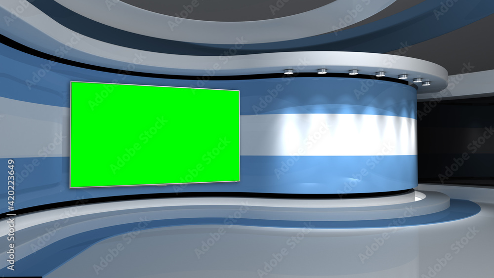 TV studio. Light blue background. Argentine flag. News studio ...