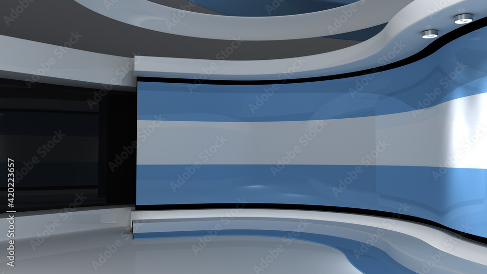 TV studio. Light blue background. Argentine flag. News studio ...