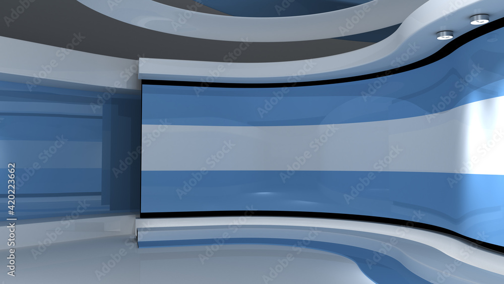 TV studio. Light blue background. Argentine flag. News studio ...