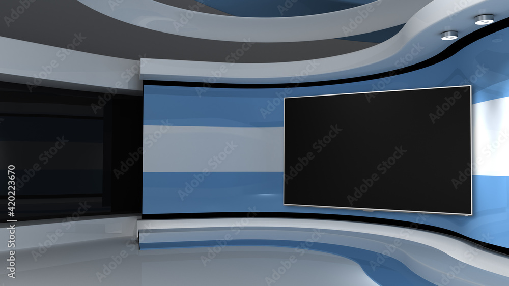 TV studio. Light blue background. Argentine flag. News studio ...