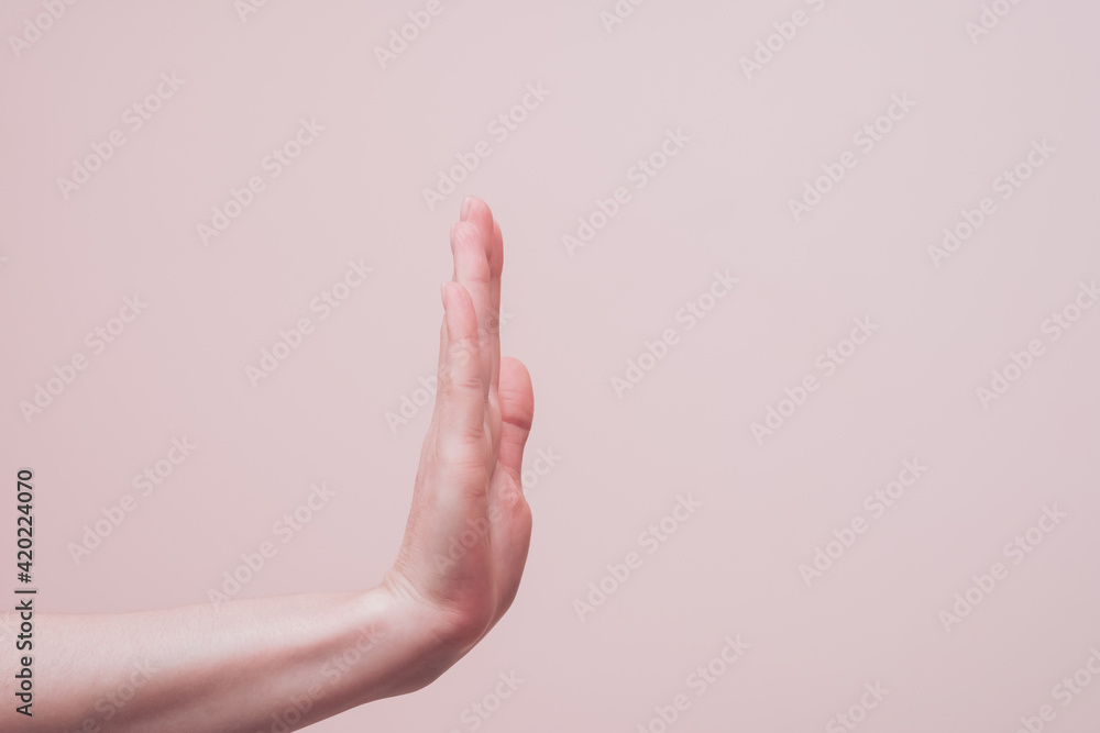 Female hand showing no and stop gesture. Preventing violence and abuse ...