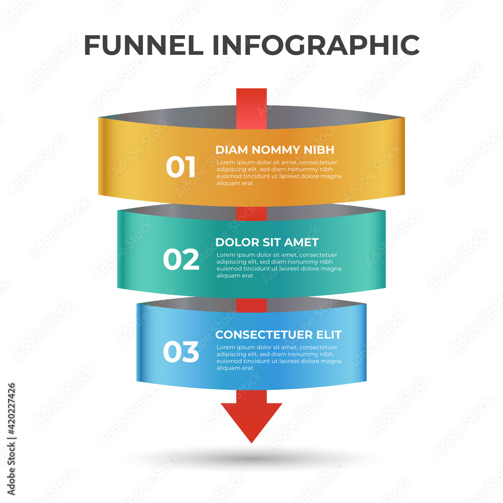 Sales funnel diagram with arrows, 3 steps and levels layout with number ...