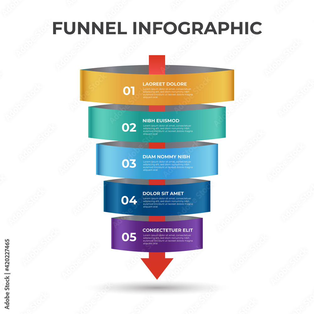Sales funnel diagram with arrows, 5 steps and levels layout with number ...