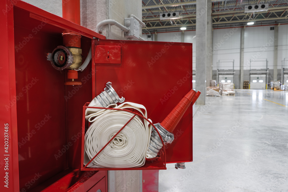 Foto de fire safety in the warehouse. new fire hydrants. red box. fire ...