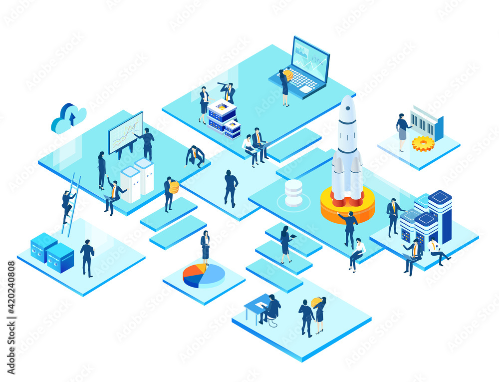 Isometric 3D business environment infographic. Business people work ...