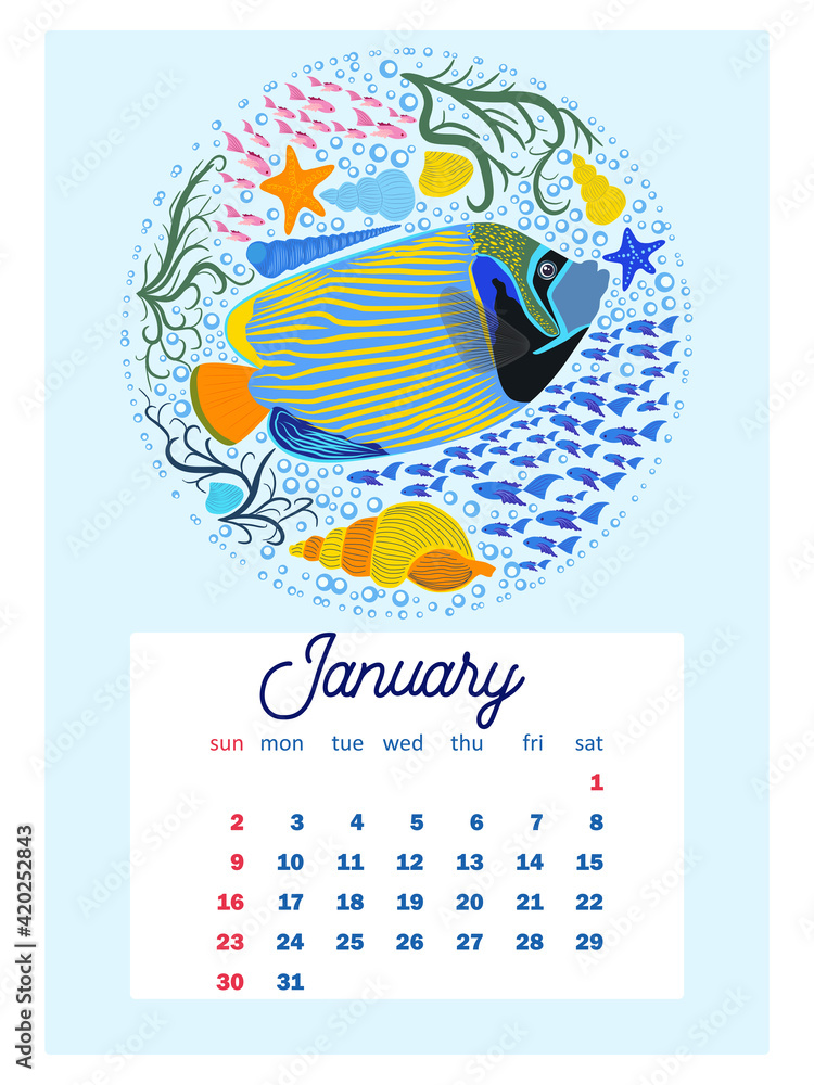 Marine life. calendar design template for 2022, A4 format. Week starts ...