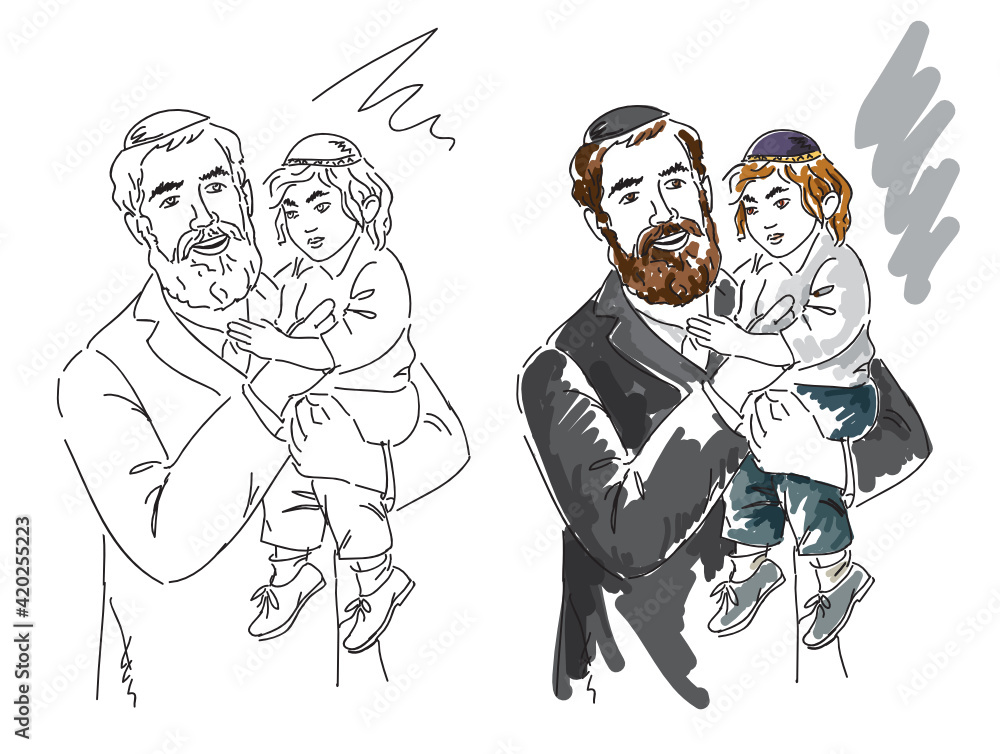 Religious Jewish man holding son in his arms. Hand drawing illustration ...