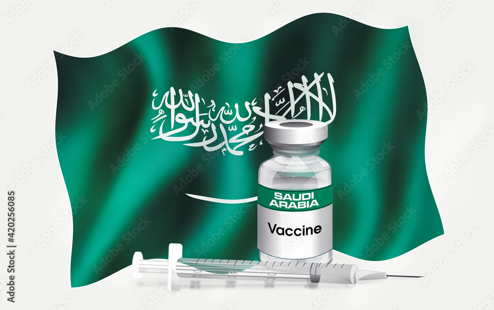 Illustration of saudi arabia flag with vaccine vial and Syringe. Serie ...