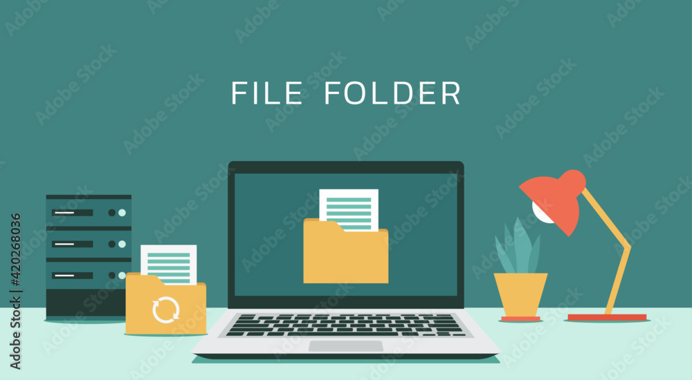 File folder with paperwork on laptop concept, vector flat design ...